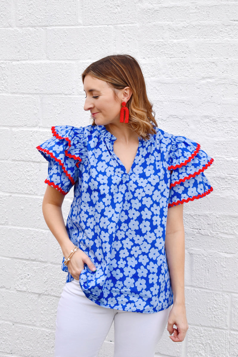 Feeling Frilly Blue Floral Ric Rac Blouse – Confetti Boutique
