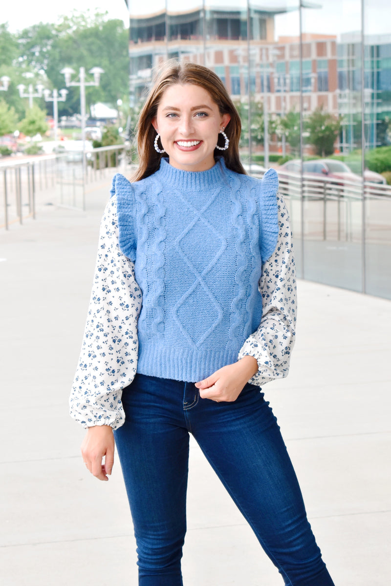 Denim Blue Feminine Sweater With Floral Sleeves – Confetti Boutique